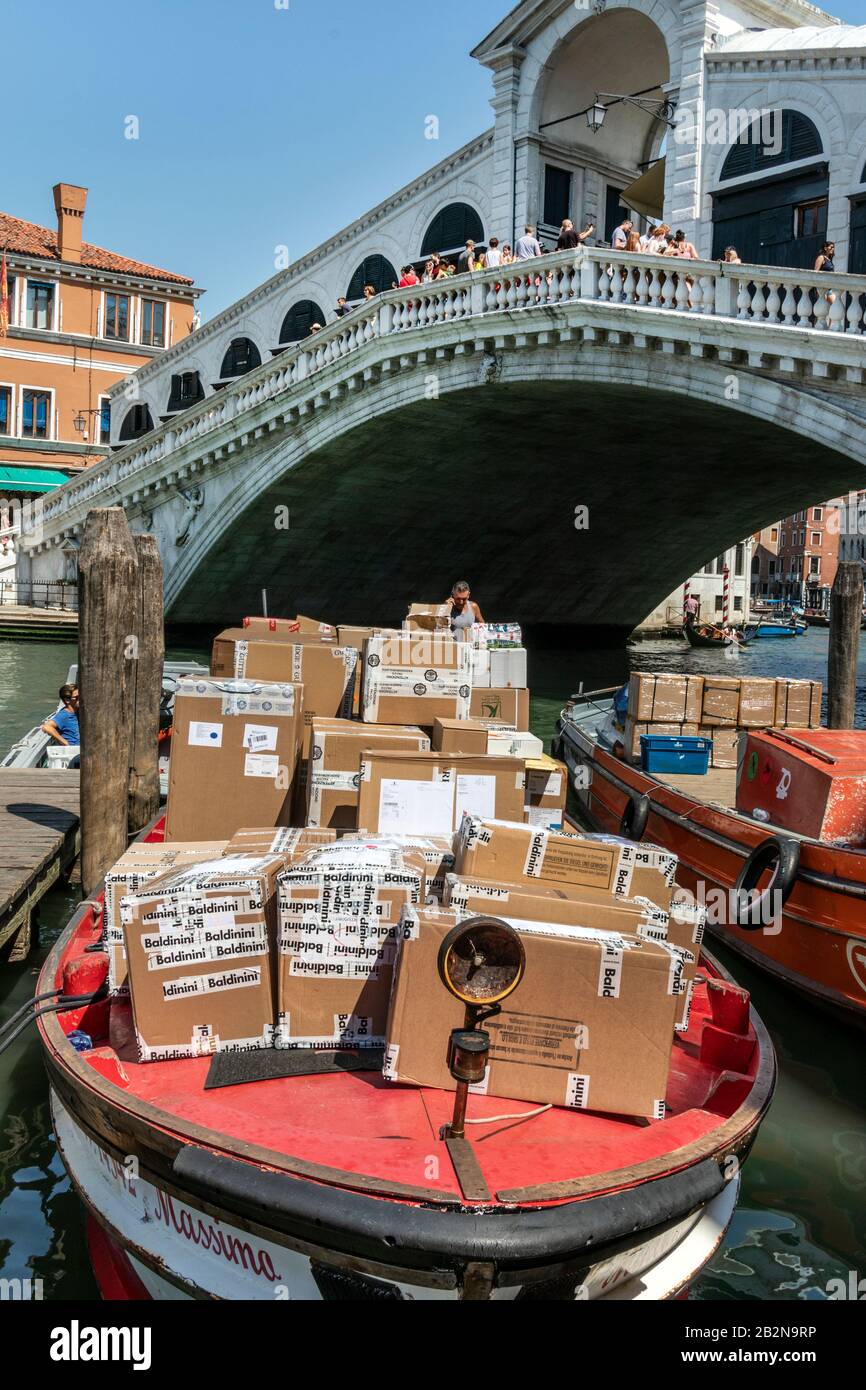 Goods delivered to cafes and restaurants by barge, boat, Venice, Italy ...