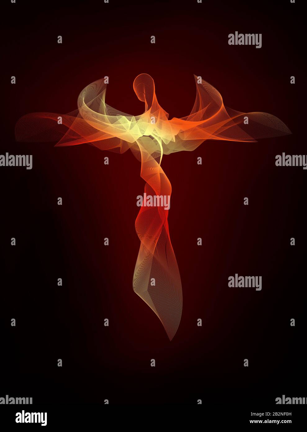 Red and yellow abstract winged demon angel on a black background. Blend ...