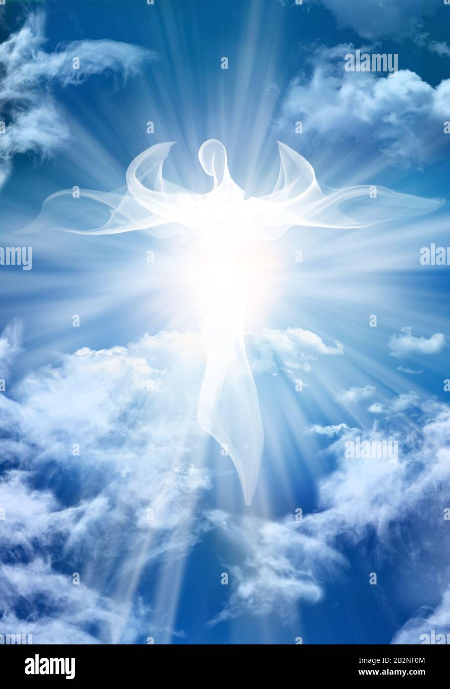 White angel. Abstract modern illustration. Sky clouds with bright light ...