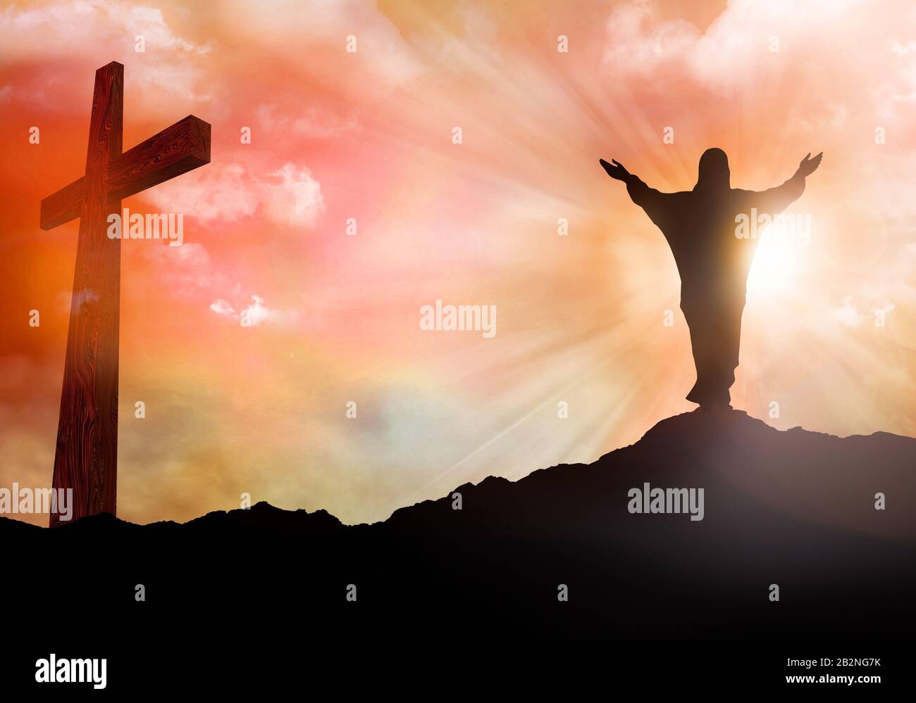 Resurrection. Jesus Christ silhouette. Christian Easter concept. Sunset ...