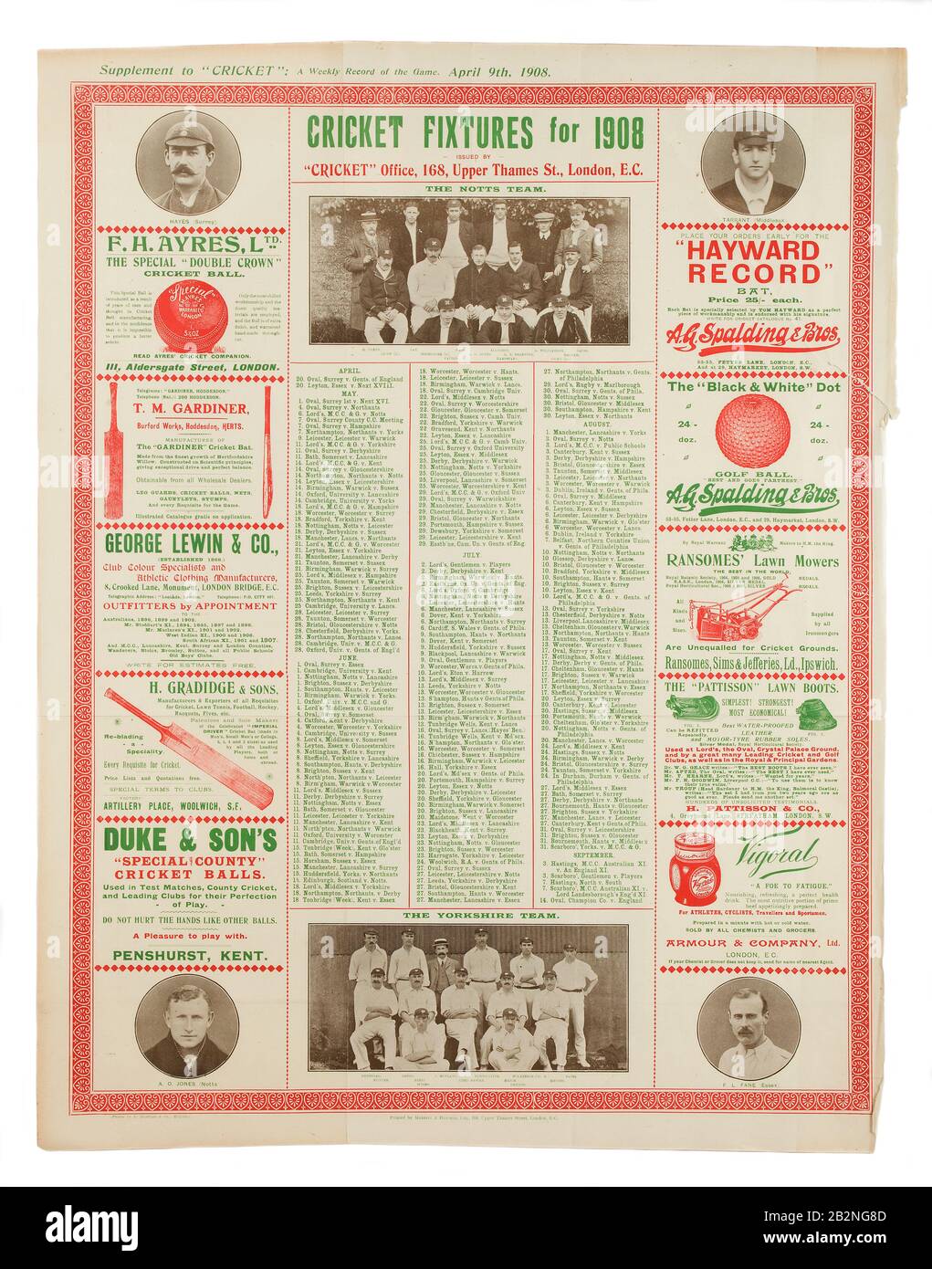 1908 Cricket Fixtures poster Stock Photo - Alamy