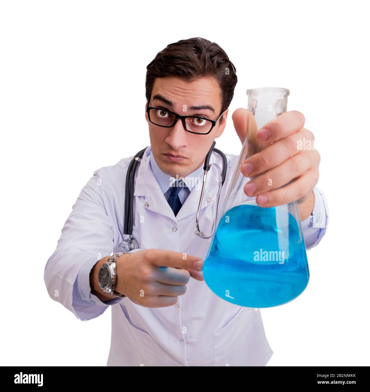 The funny doctor with blue liquid isolated on white Stock Photo - Alamy