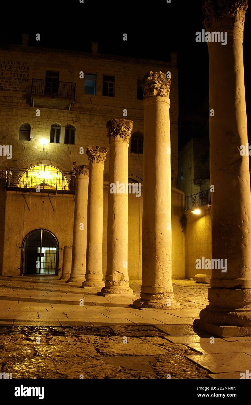 Old romanian columns in jerusalem at night Stock Photo - Alamy