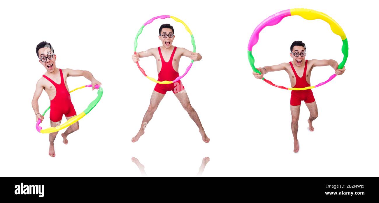 The funny sportsman with hula hoop on white Stock Photo - Alamy