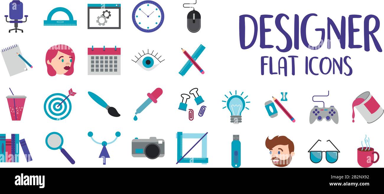 bundle of designer set flat icons and lettering Stock Vector Image ...