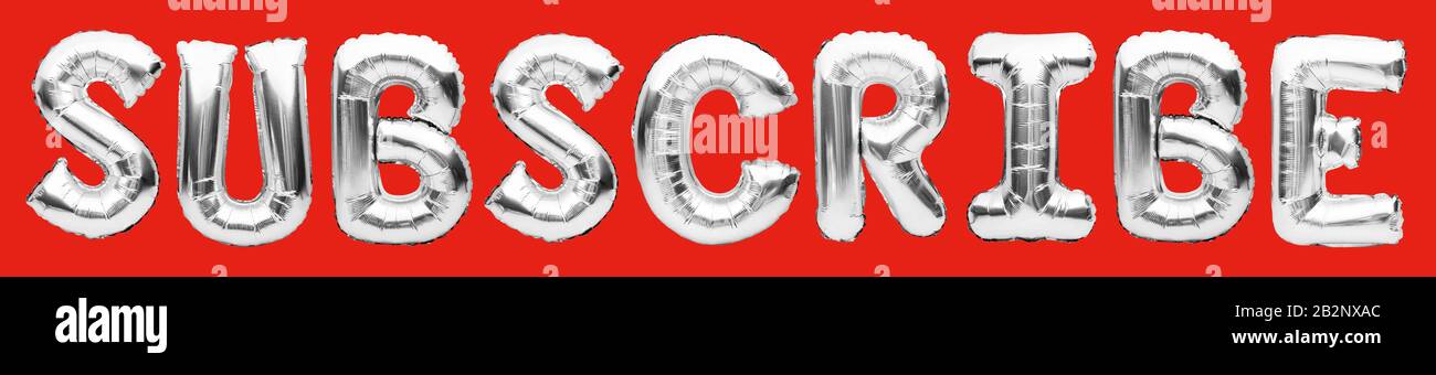 Words SUBSCRIBE made of silver inflatable balloons isolated on red ...