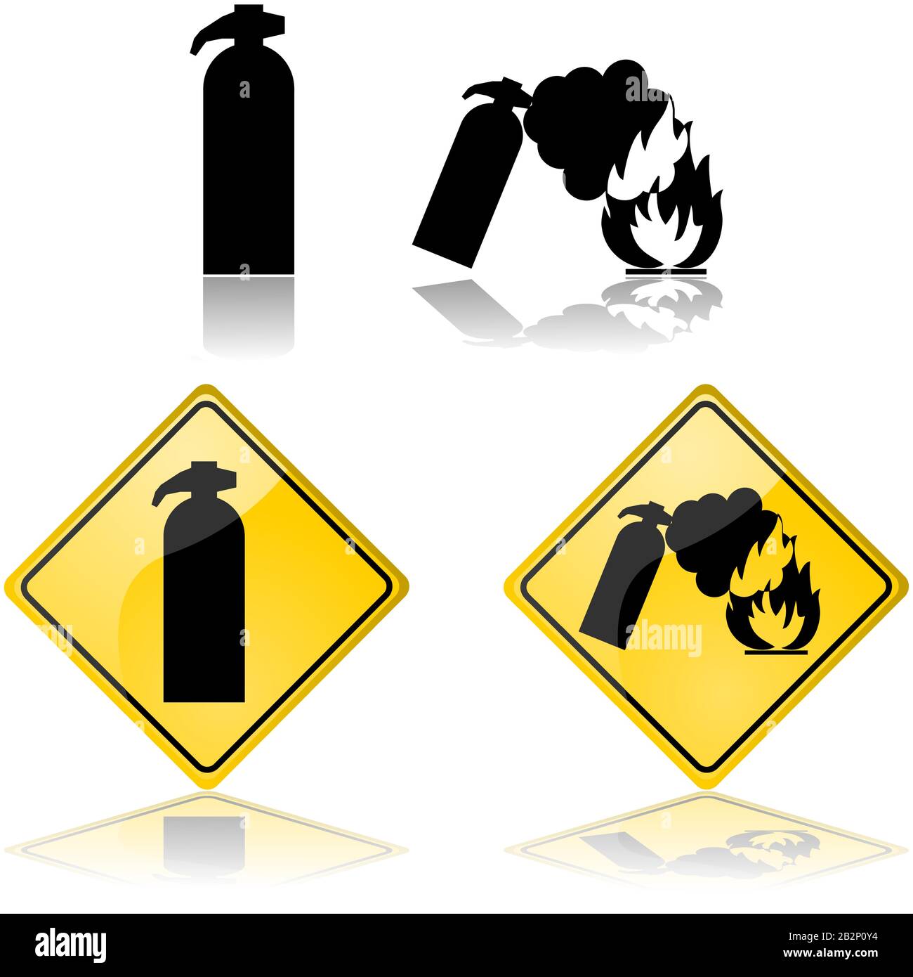 Icon set with signs showing a fire extinguisher putting out a fire ...