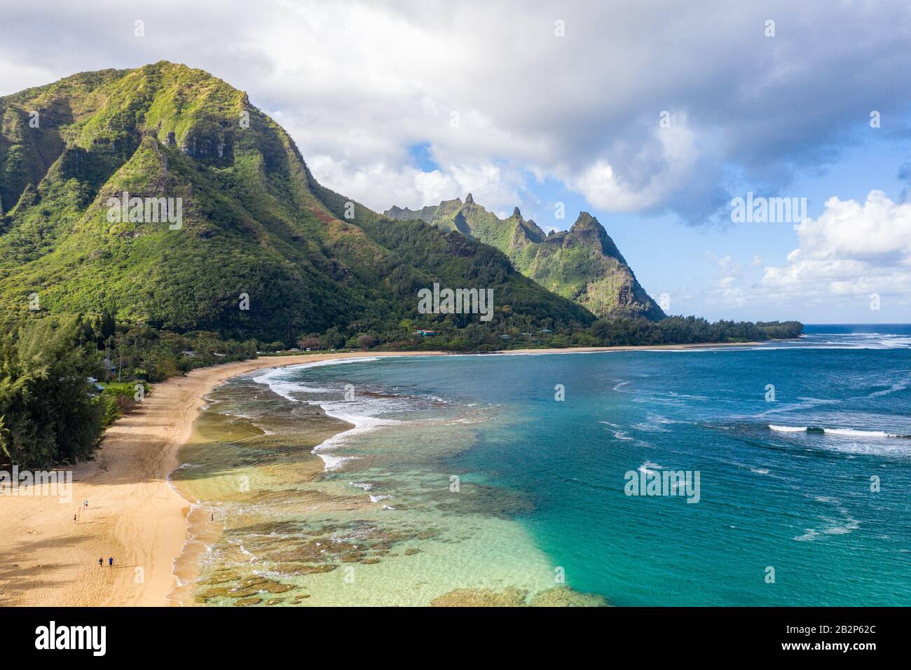Aerial shot off the coast over Tunnels beach on Hawaiian island of ...