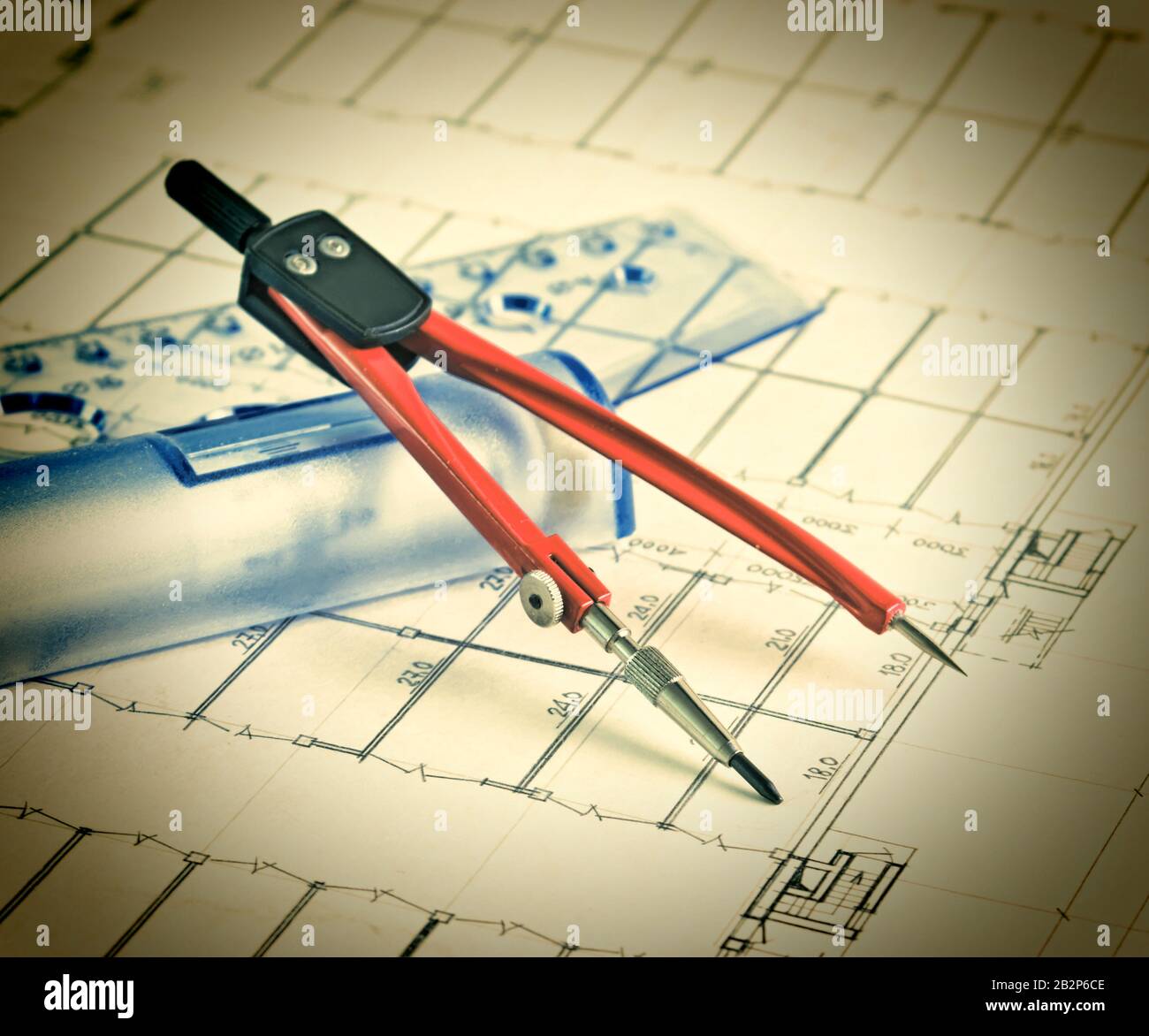 Vintage architectural drawing with a ruler and compass Stock Photo - Alamy