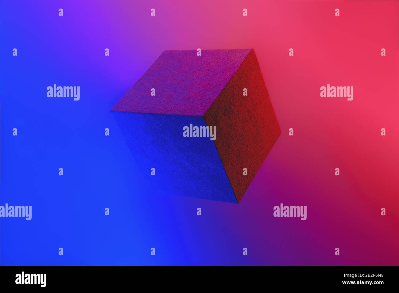 Geometric cube figure in vibrant neon colors. Vivid blue and red ...