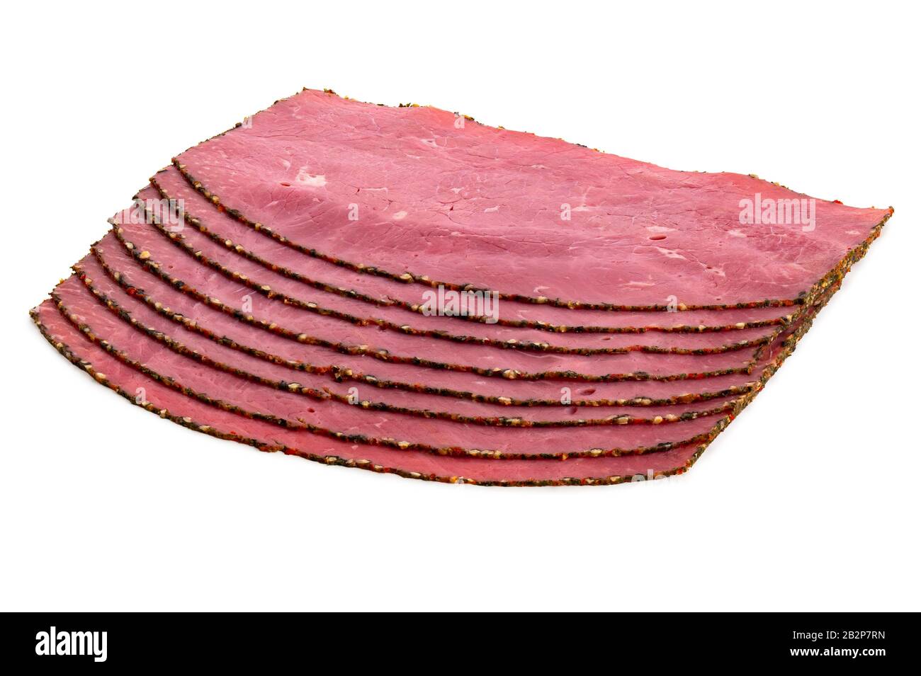 Arranged slices of pastrami isolated on white Stock Photo - Alamy