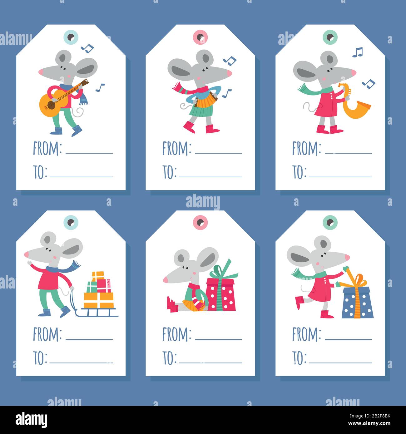 Set of six holiday Christmas tags with cartoon white mouse stock ...