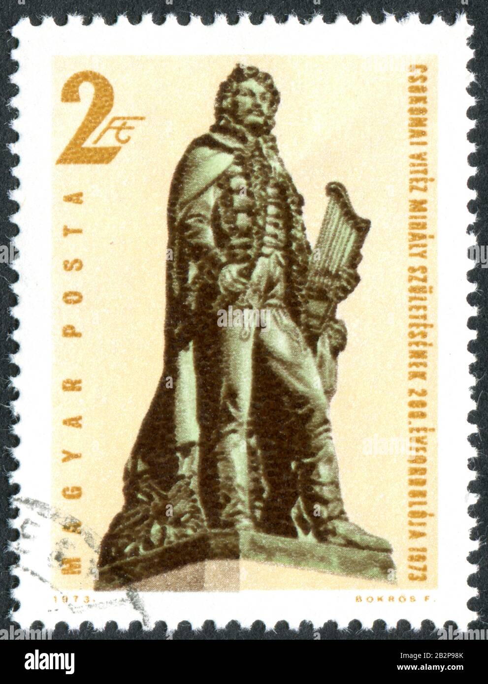 A stamp printed in Hungary, depicts a sculpture by Csokonai Mihaly ...