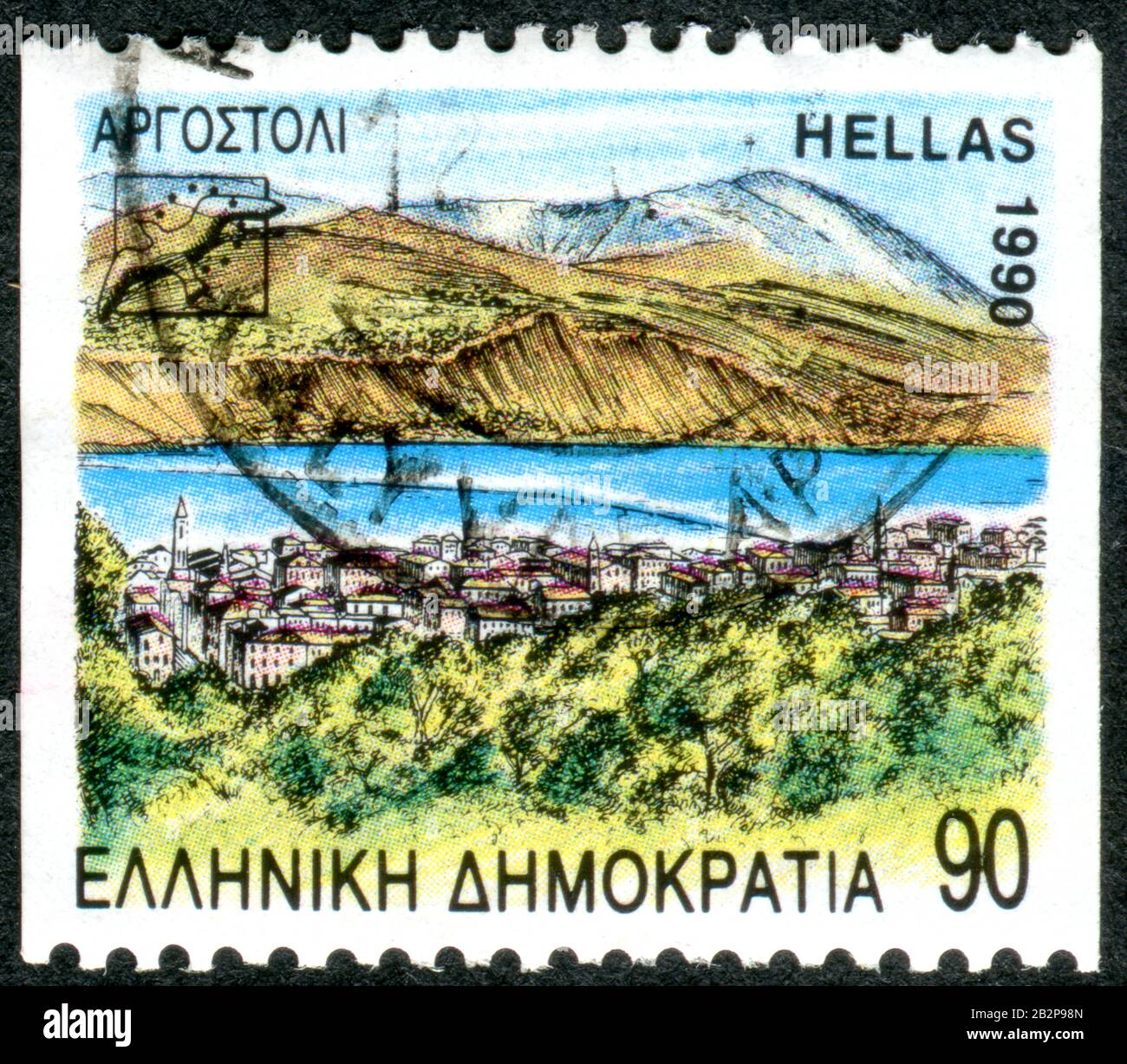 GREECE - CIRCA 1990: A stamp printed in Greece, depicts the small town ...