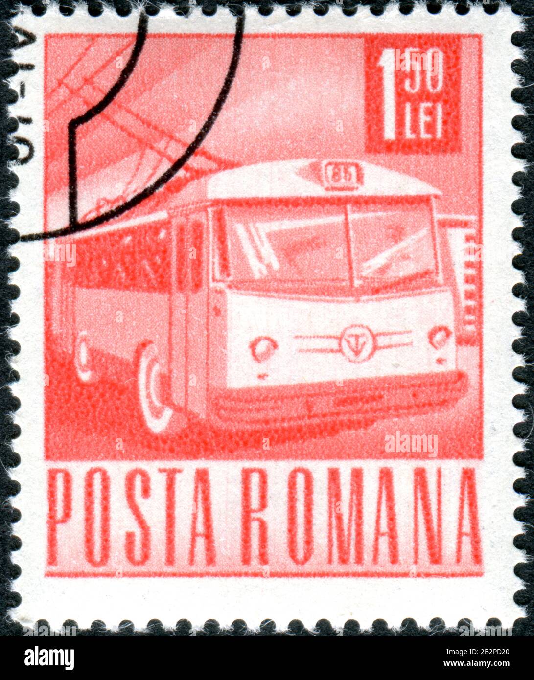 ROMANIA - CIRCA 1968: A stamp printed in Romania, depicted Trolleybus ...