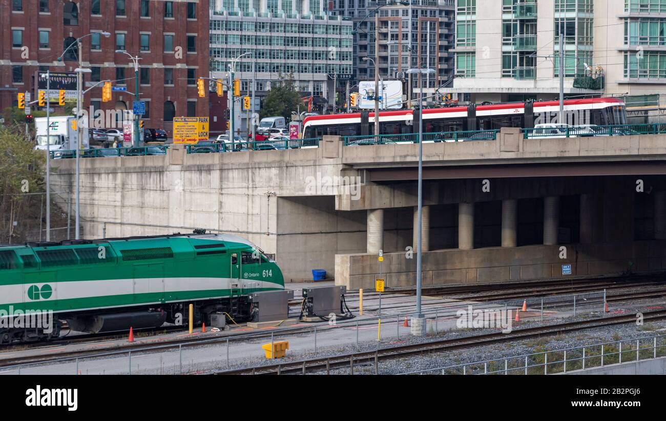 Toronto Transit Commission (TTC) streetcar crossing a bridge on Spadina ...