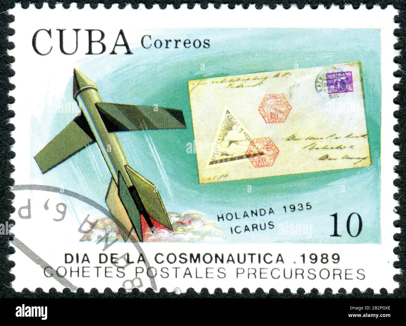 A stamp printed in Cuba, dedicated to Cosmonautics Day, depicts the ...