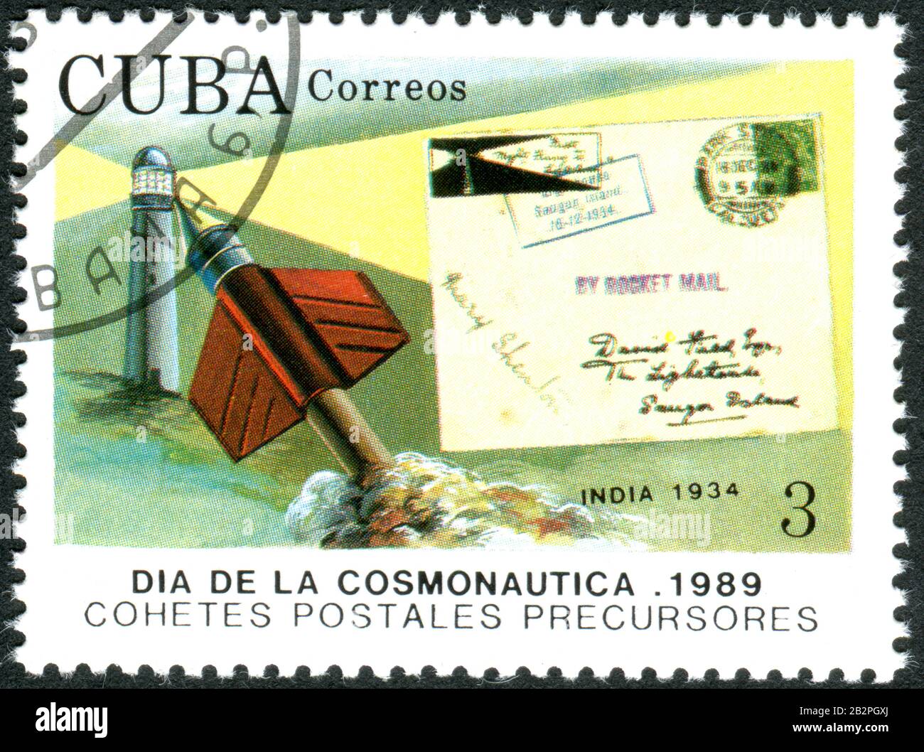 A stamp printed in Cuba, dedicated to Cosmonautics Day, depicts the ...