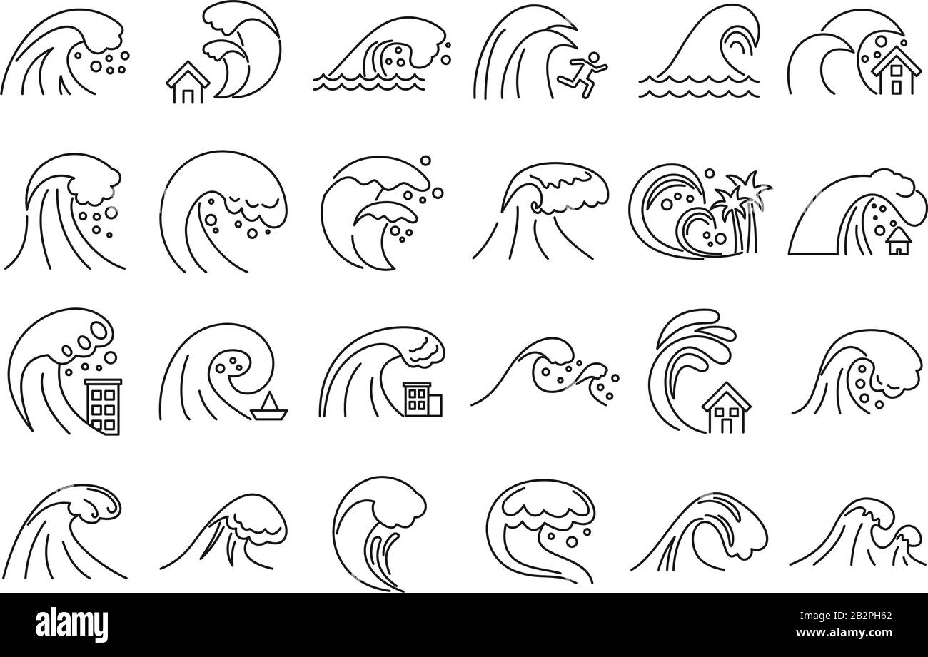 Tsunami disaster icons set. Outline set of tsunami disaster vector ...