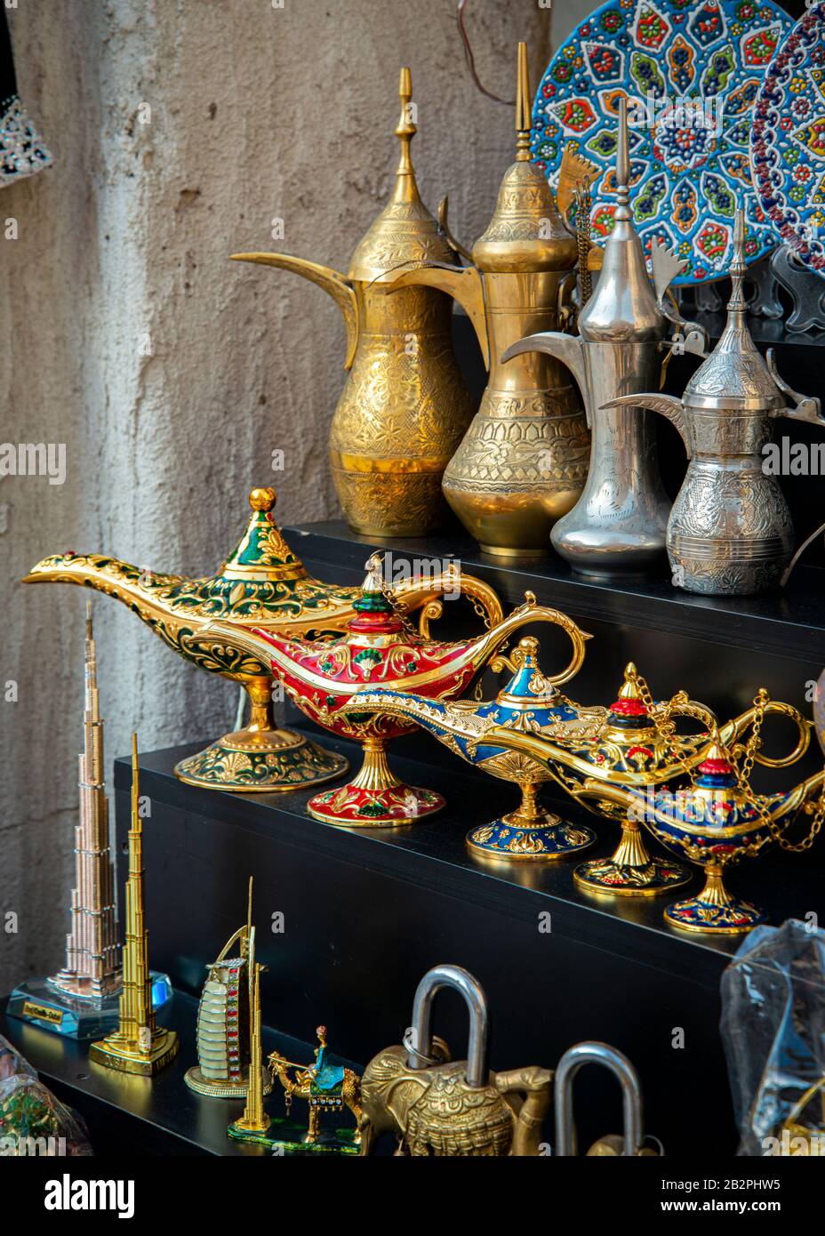 Color image of magic lamps and traditional Arabian style coffee pots at ...