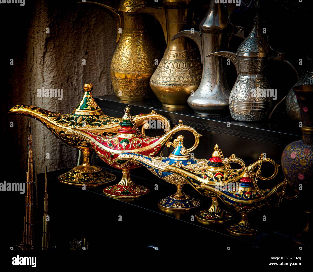 Color image of magic lamps and traditional Arabian style coffee pots at ...