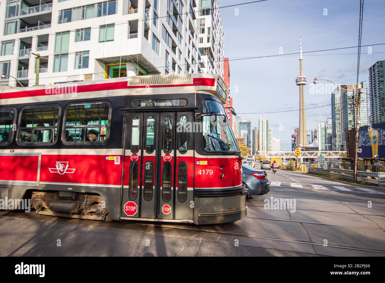 An old TTC streetcar approches the Bathurst St. Bridge with the CN ...