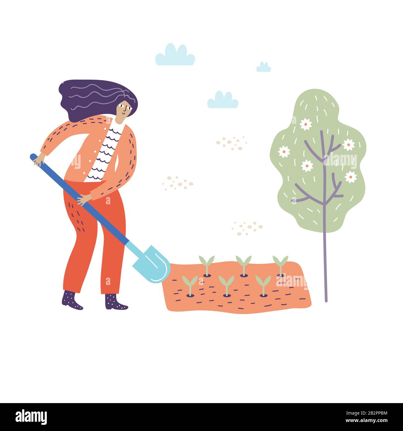 A woman digs a shovel ground in a garden in a red jumpsuit vector ...