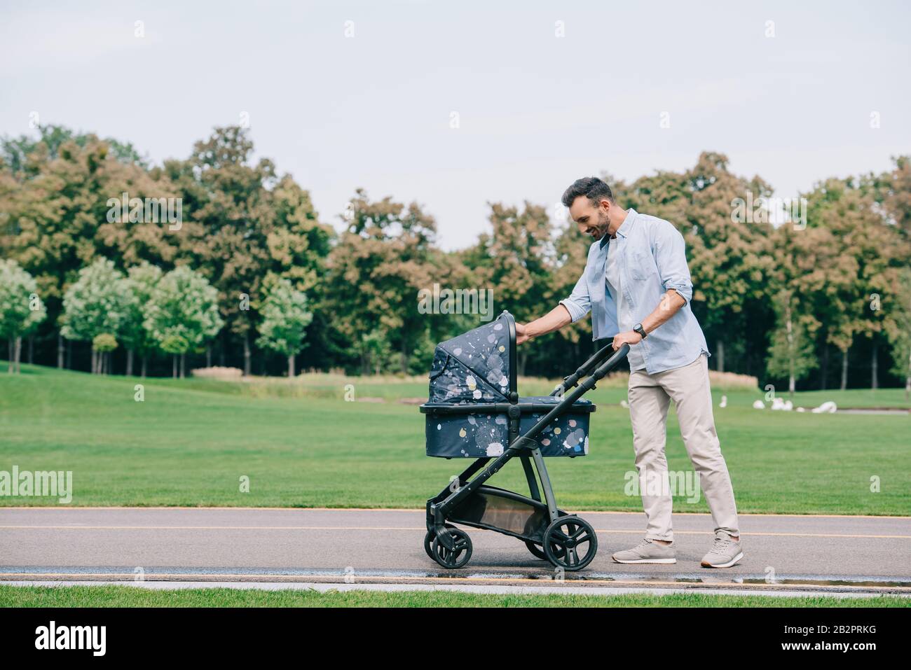 happy father walking with baby pram in green park Stock Photo - Alamy