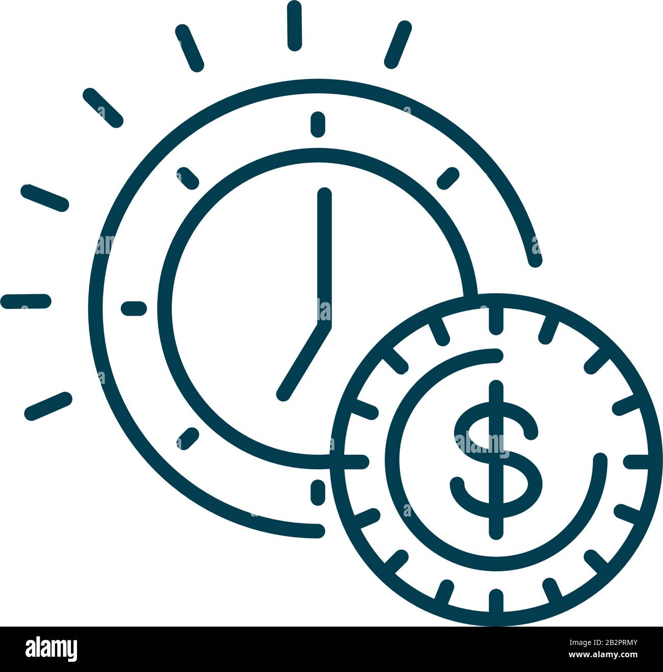 clock and money coin icon over white background, line style, vector ...
