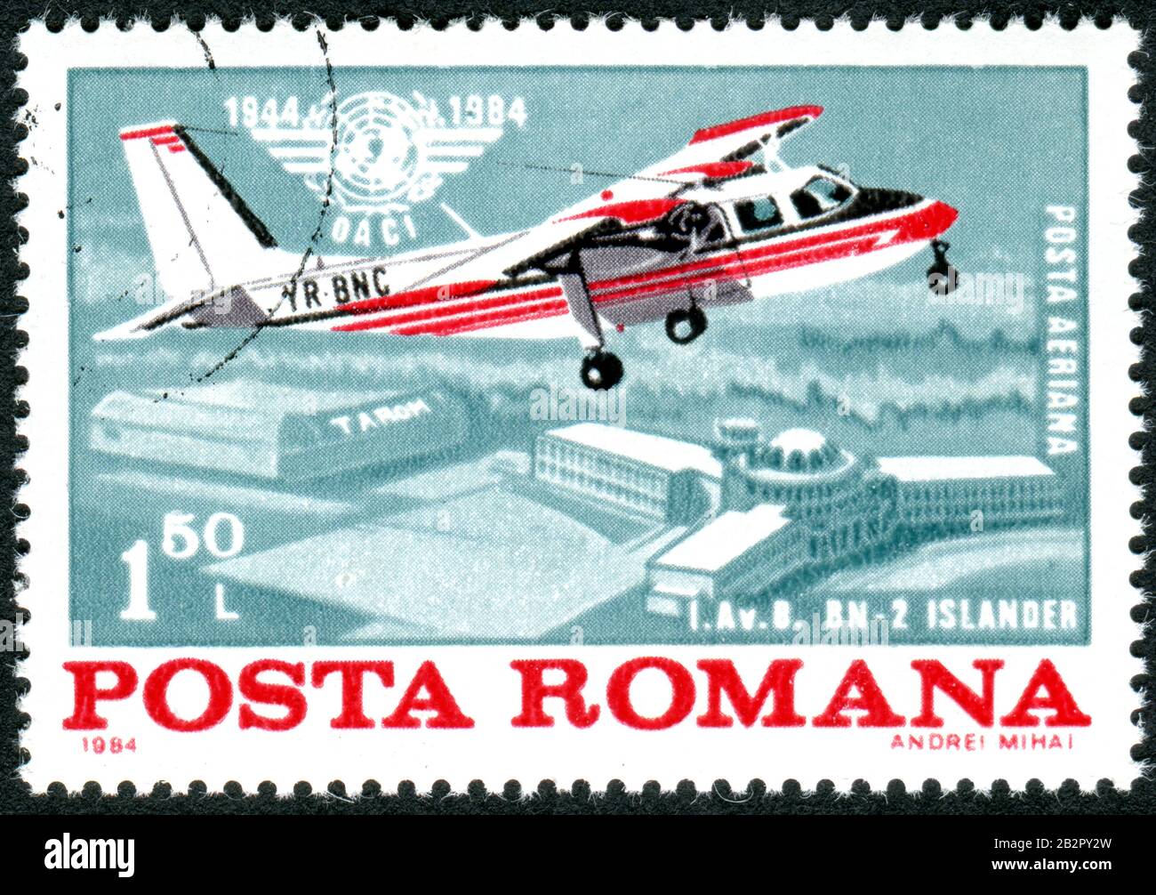 A stamp printed in Romania, dedicated to the 40th anniv. of ICAO ...