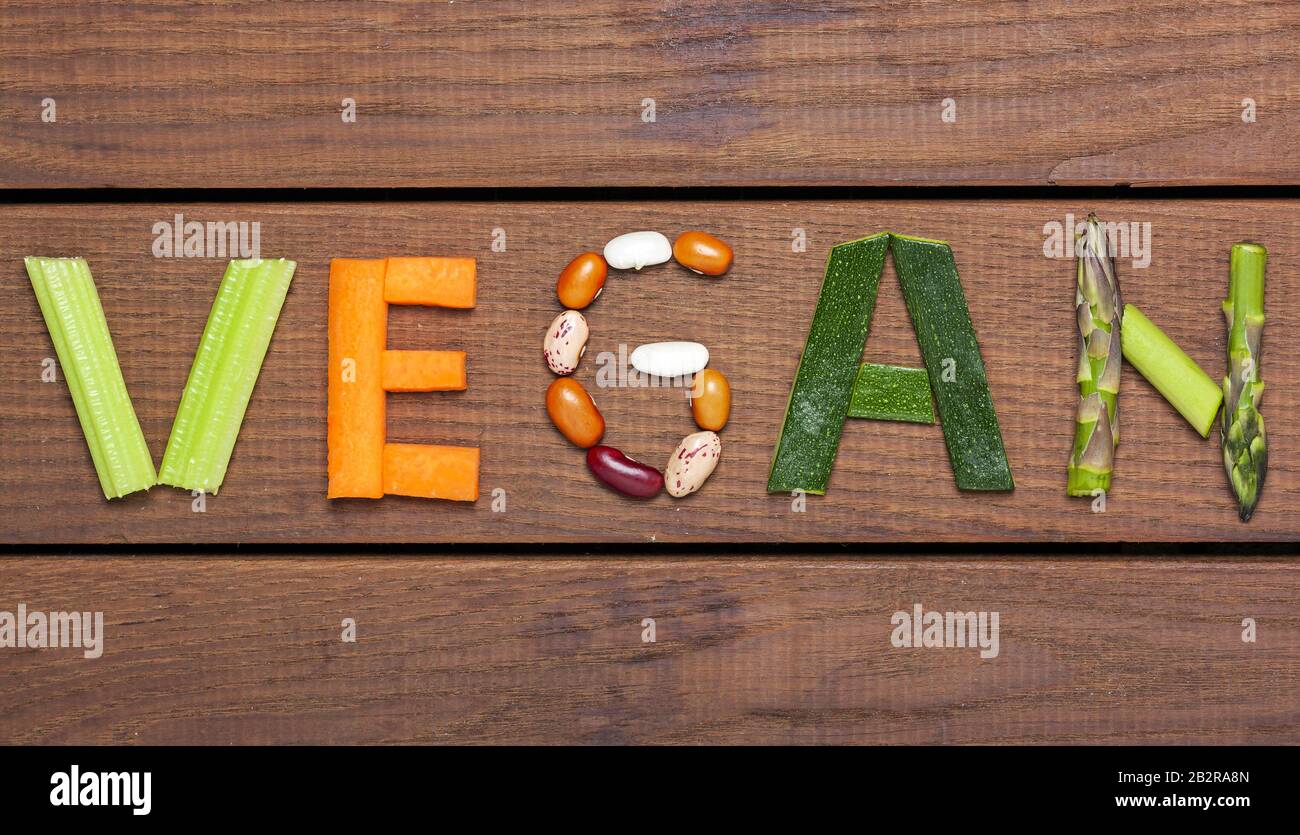 vegan word on wood background Stock Photo - Alamy