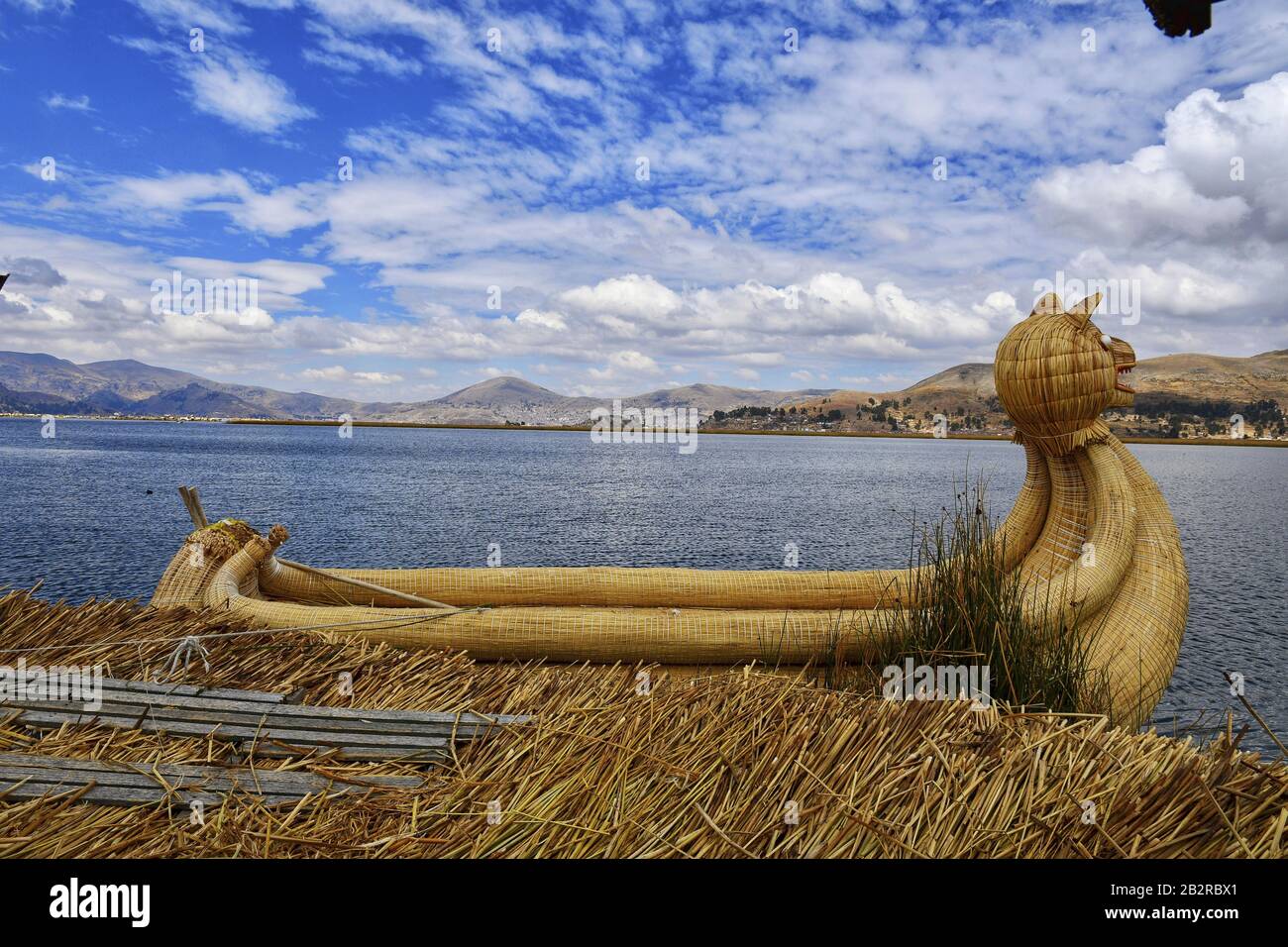 Horizontal shot of a typical boat from the Floating Islands of Urus in ...