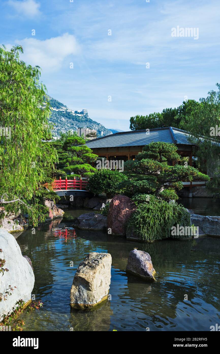 MONTE CARLO, MONACO - NOVEMBER 2, 2014: Pond with bridge in Japanese garden in Monte Carlo Stock ...