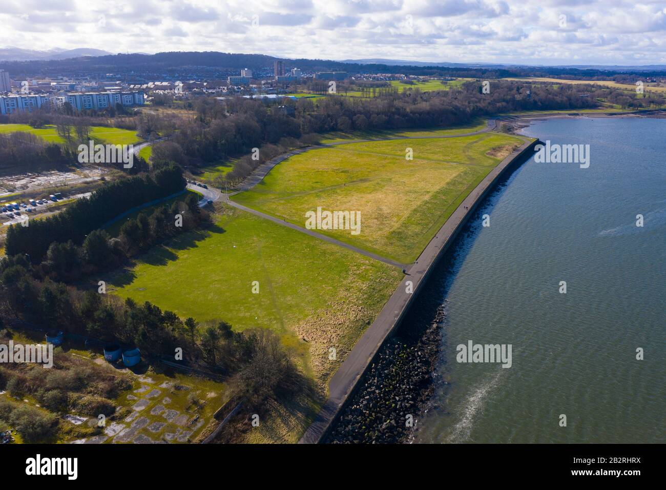 Aerial view of Gypsy Brae recreation park on shore of River Forth in ...
