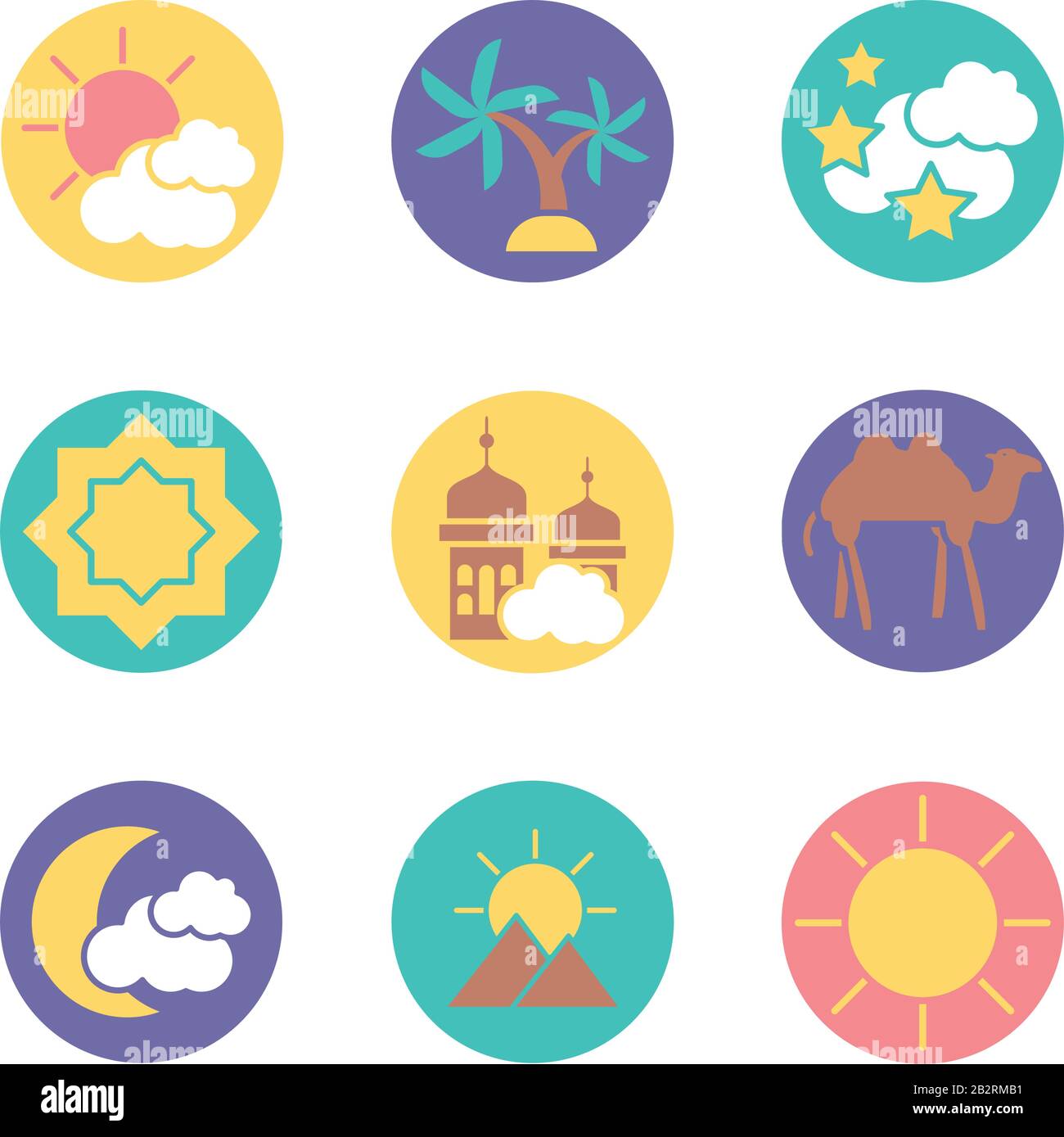 mountains and sun and ramadan icons set over white background, block ...