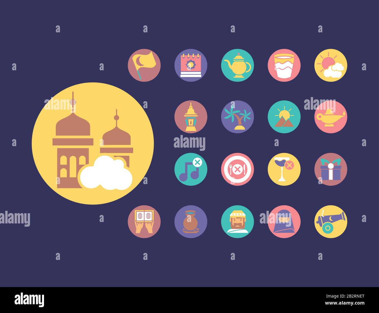 islamic mosque and ramdan icons set over blue background, block style ...