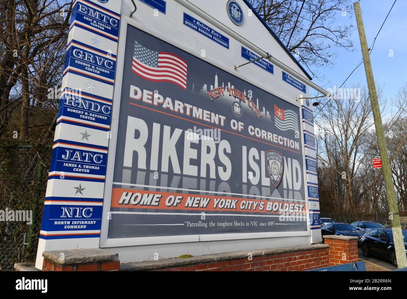A view of the sign to the entrance of Rikers Island Prison Complex ...
