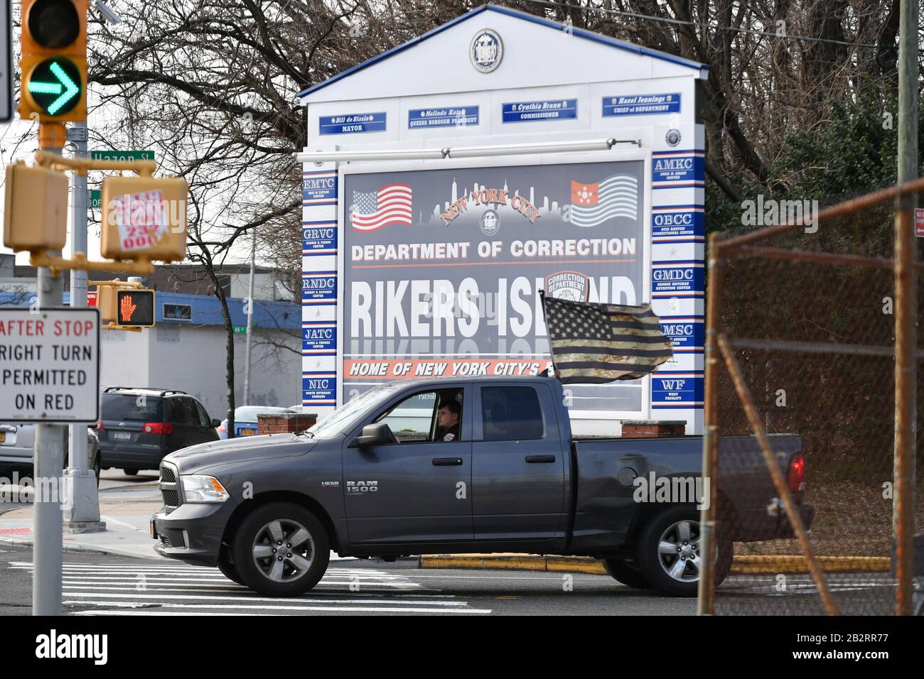 A view of the sign to the entrance of Rikers Island Prison Complex ...