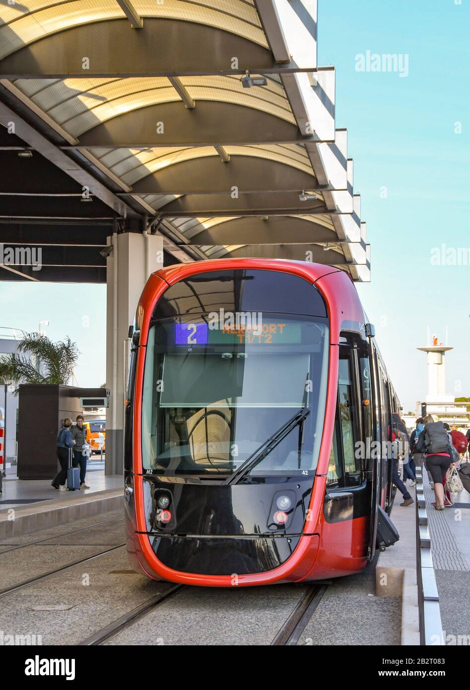 NICE AIRPORT, FRANCE - APRIL 2019: Train on the new metro system in ...