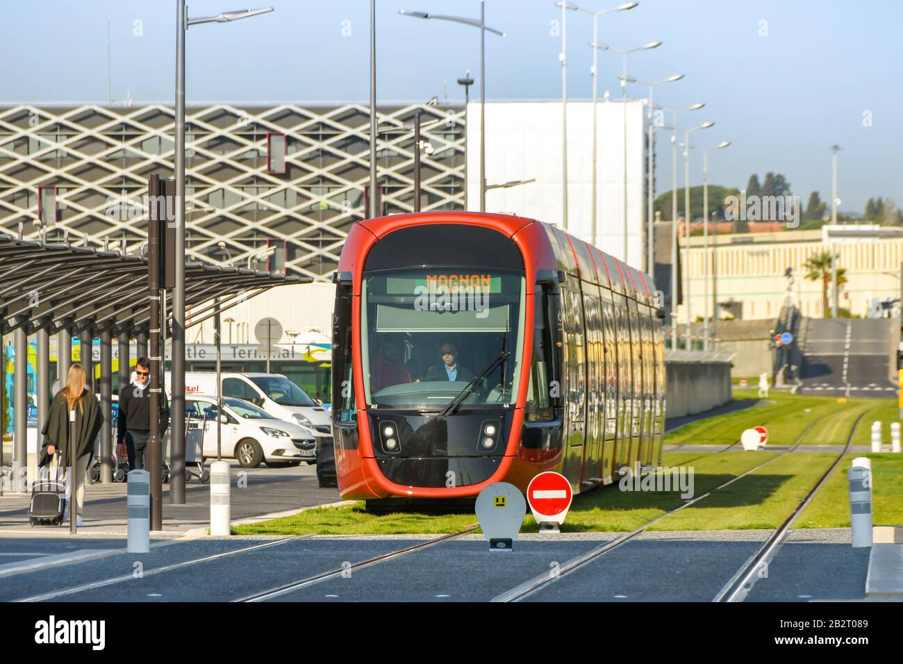 NICE AIRPORT, FRANCE - APRIL 2019: Modern electric tram on the new ...