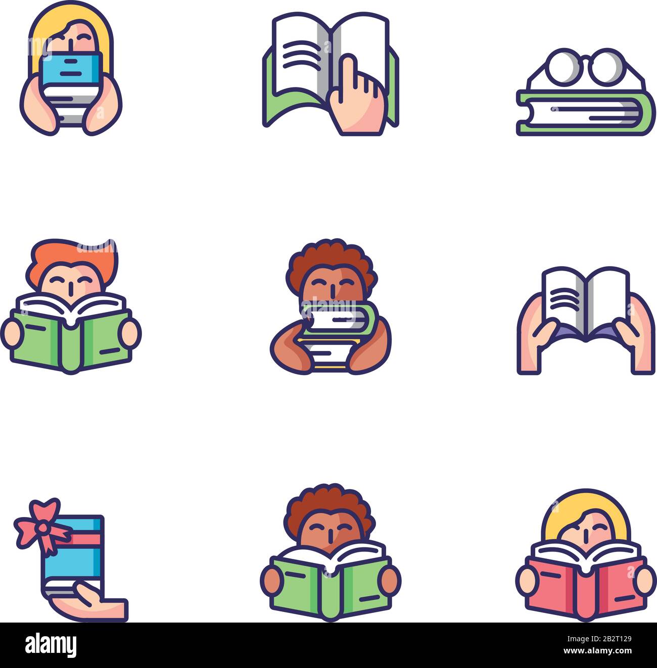 people reading and books icon set over white background, line and fill ...