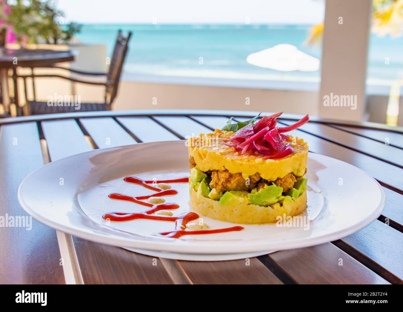 Mashed Potato & Fried Shrimp Tower Stock Photo - Alamy