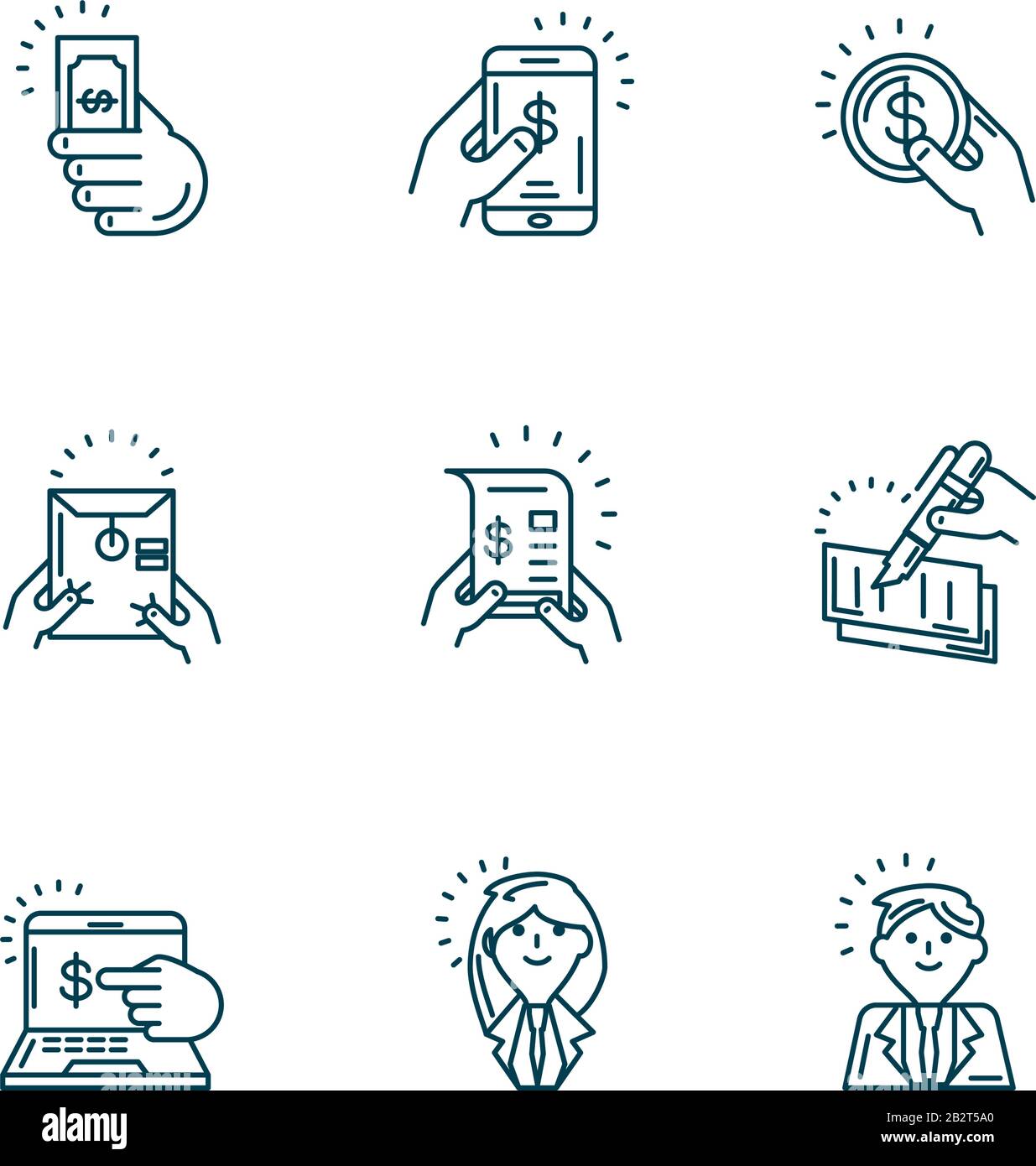 business man and woman and tax day icon set over white background, line ...