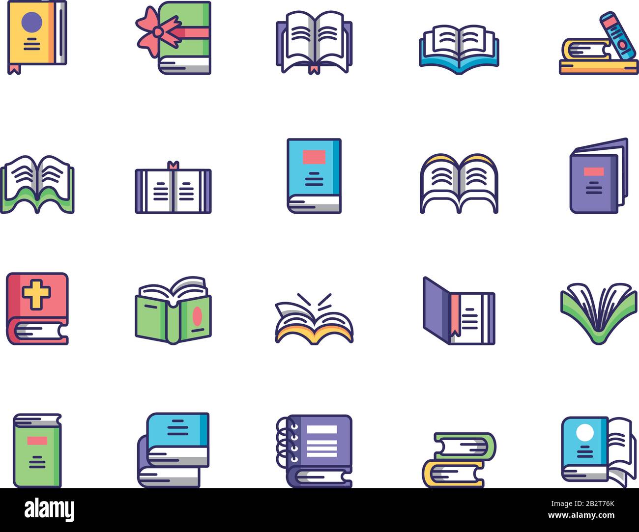 gift book and book icon set over white background, line and fill style ...
