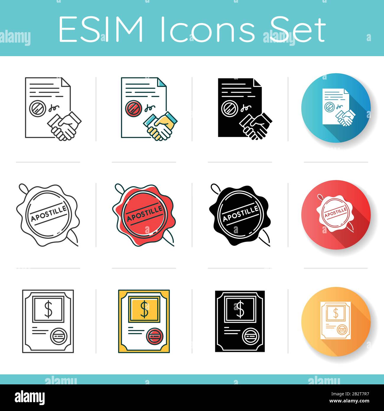 Notary services icons set. Apostille and legalization. Contract, legal ...