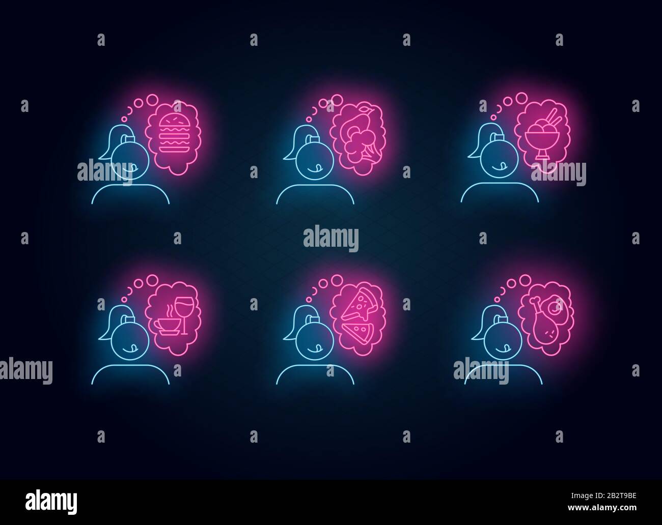 Food craving neon light icons set. Woman thinking of unhealthy snack ...