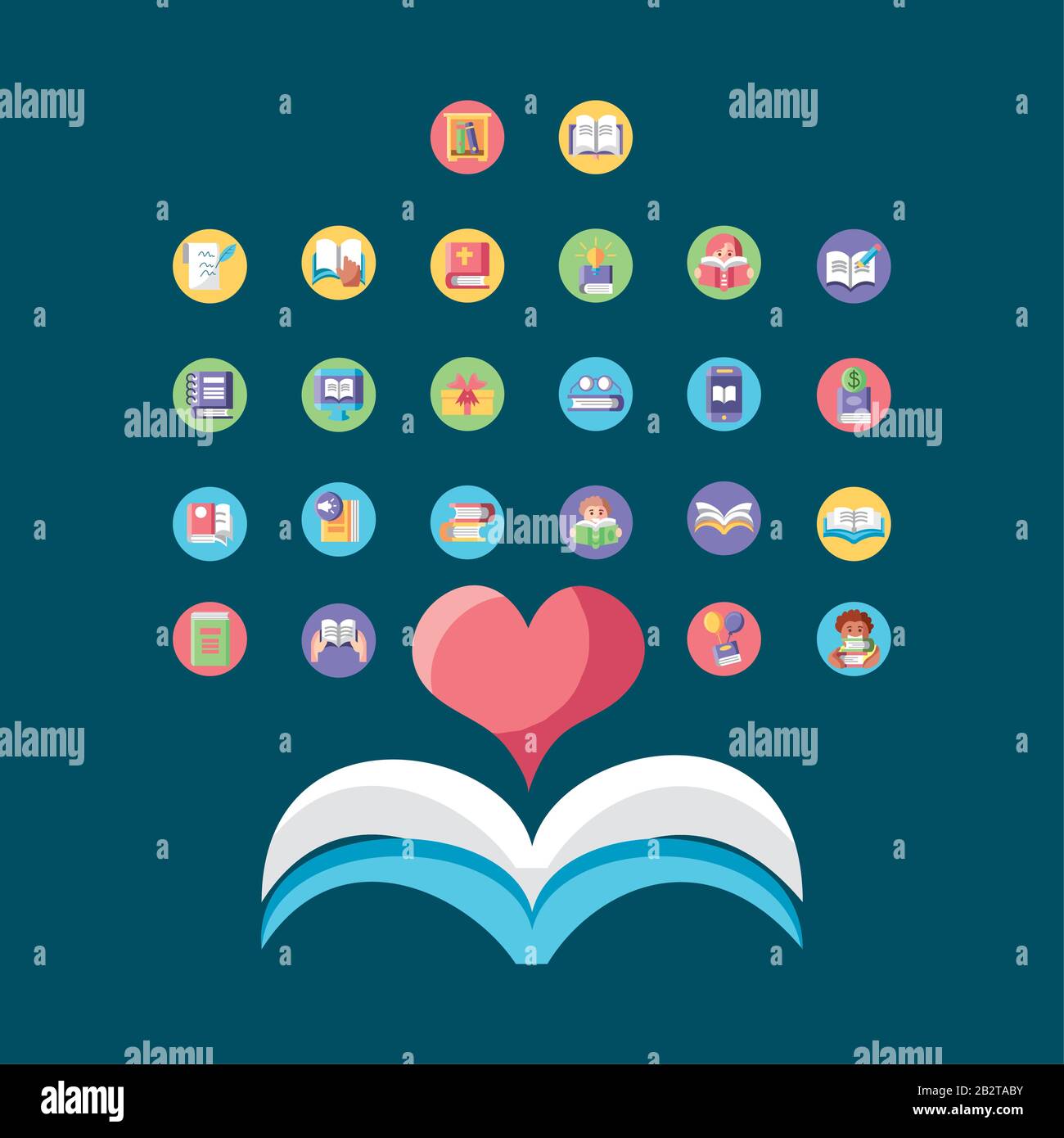 book with heart and books icon set over blue background, block style ...