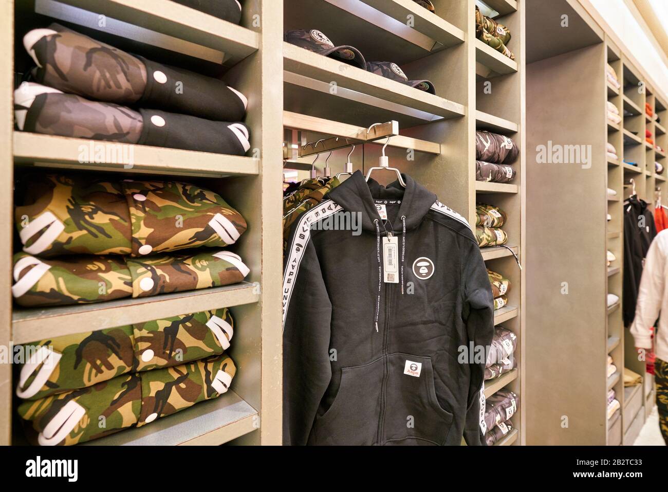 HONG KONG, CHINA - CIRCA JANUARY, 2019: clothes on display at Aape ...