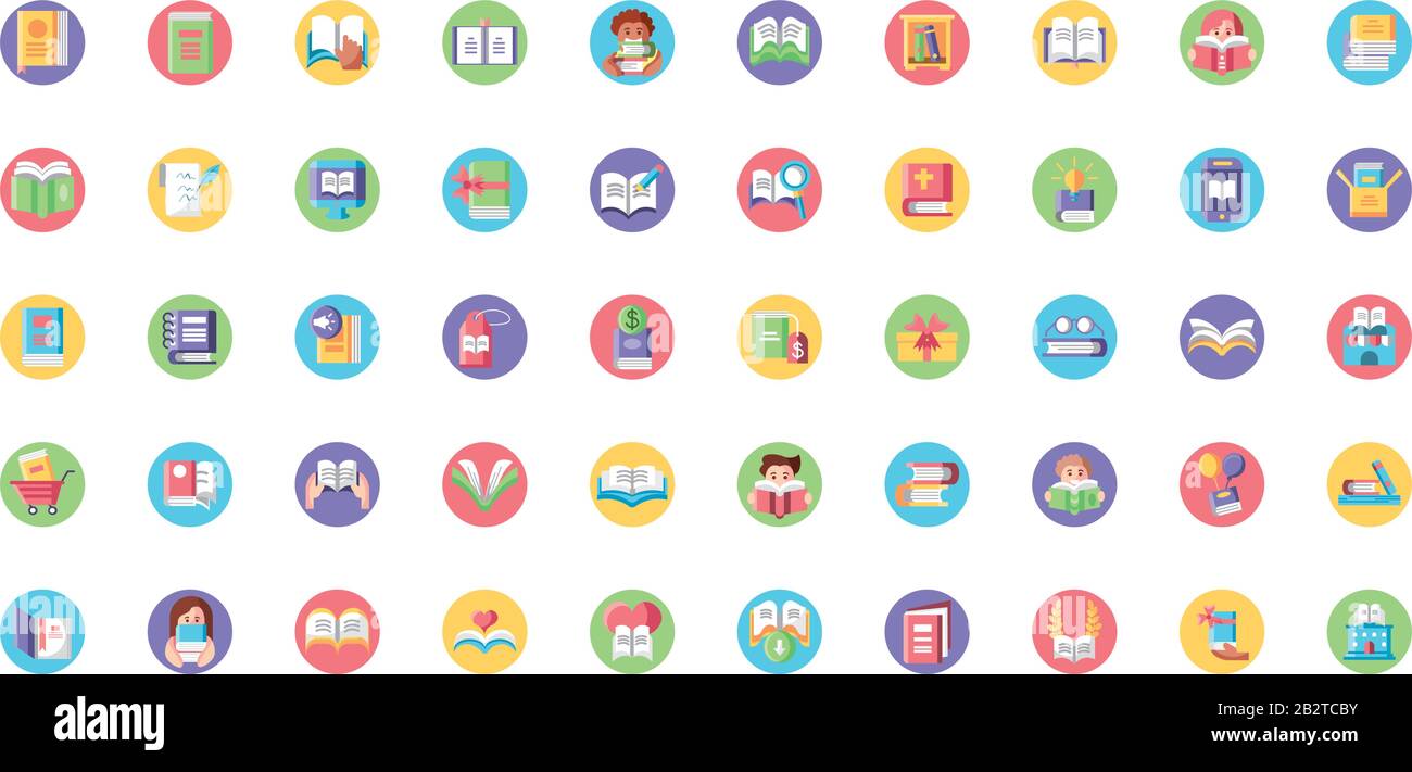 book day icon set over white background, block style, vector ...