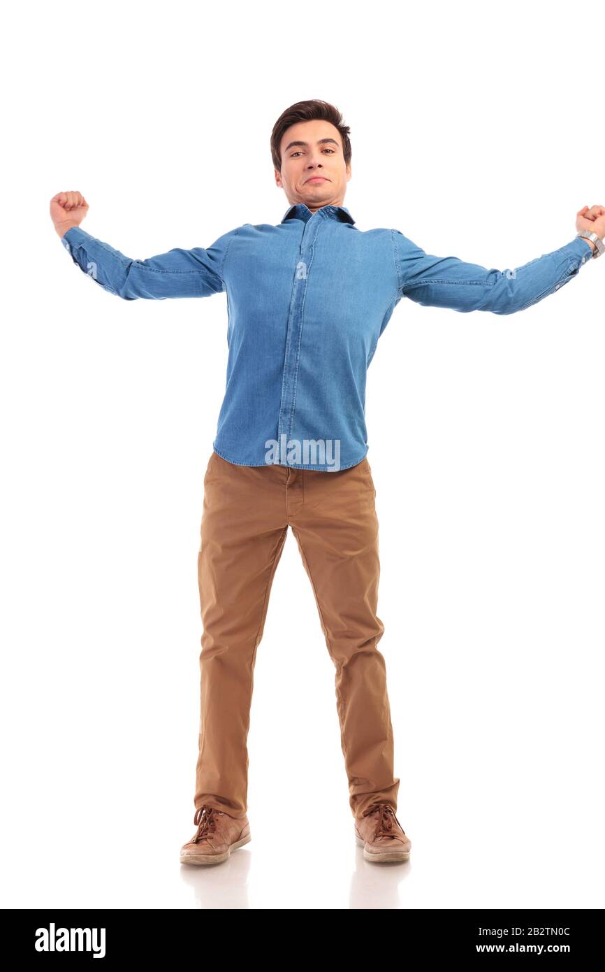 casual man doing his morning stretching on white background Stock Photo ...